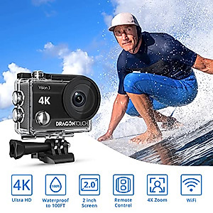 Dragon Touch 4K Action Camera 20MP Vision 3 Underwater Waterproof Camera 170° Wide Angle WiFi Sports Cam with Remote 2 Batteries and Mounting Accessories Kit