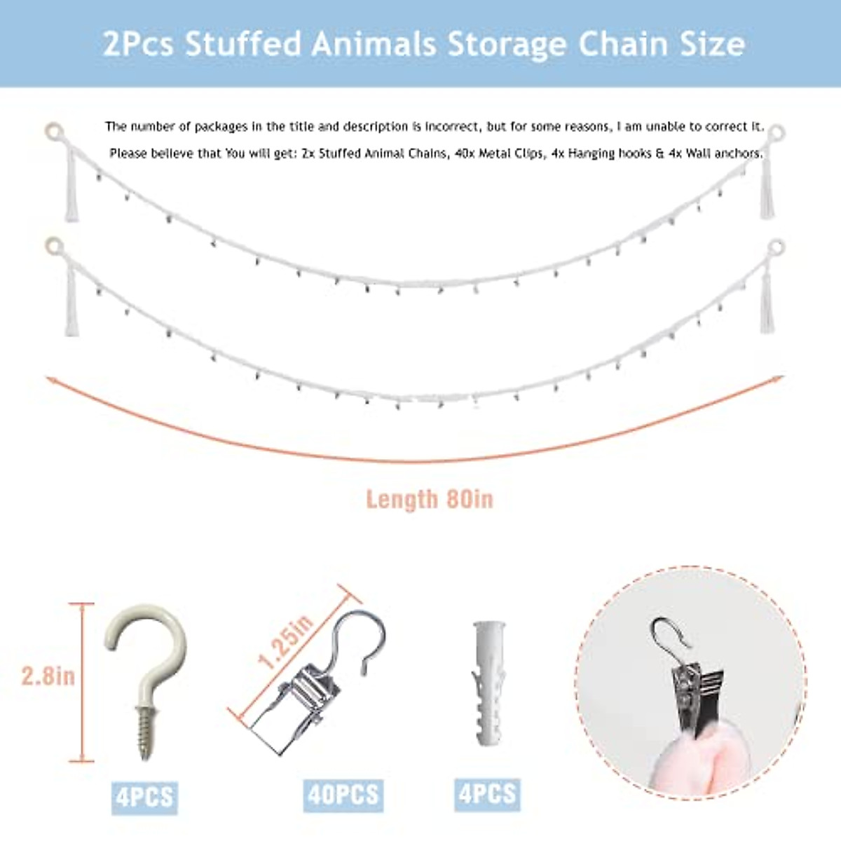 Stuffed Animals Storage Chain Organizers, LONCHDAN 80" Cotton Hanging Storage Chain with 20 Metal Clips Stuffed Animal Display Holder Chain for Wall or Corner Nursery Play Room