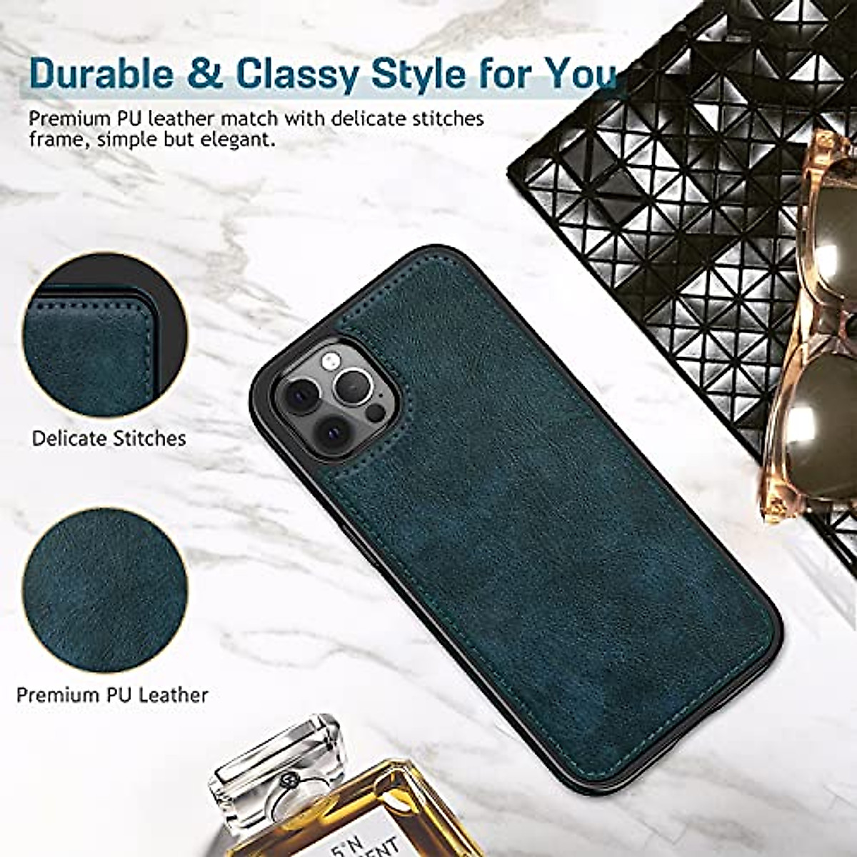 LOHASIC for iPhone 13 Pro Max Case, Slim Leather Luxury Business PU Cover Non-Slip Grip Defender Bumper Shockproof Full Body Protective Phone Cases for iPhone 13 Pro Max 6.7" (2021) - Vintage Blue