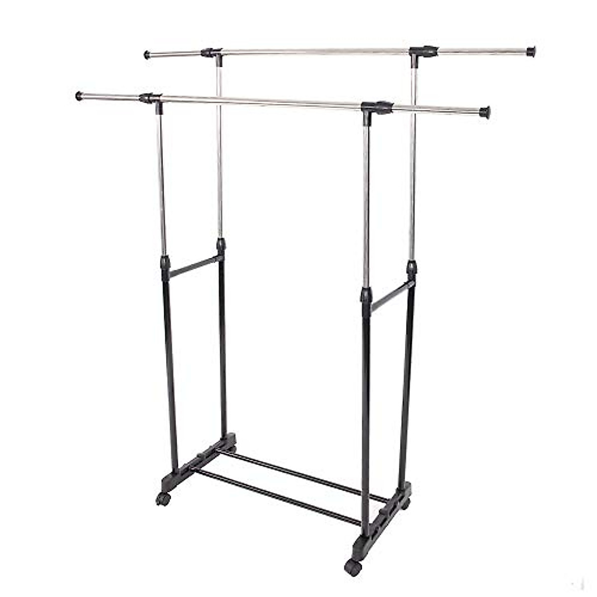 Simply-Me Clothes Garment Rack Rolling Portable Hanging Rack,Double Rail Adjustable Extendable Hanger Rail Stand Collapsible Clothing Rack Shelf with Lockable Wheel,Black & Silver