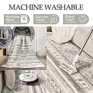 Madane 8x10 Area Rugs for Living Room, Stain Resistant Moroccan Washable Rugs 8x10, Thin Geometric Area Rugs 8x10 with Non-Slip Backing, Soft Low Pile Neutral 8x10 Rug, Grey/Ivory