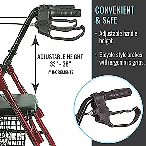 DMI Freedom Lightweight Folding Aluminum Rollator Walker with Adjustable Handle Height, FSA and HSA Eligible, Cushioned Flip Up Seat and Convenient Storage Basket, Burgundy