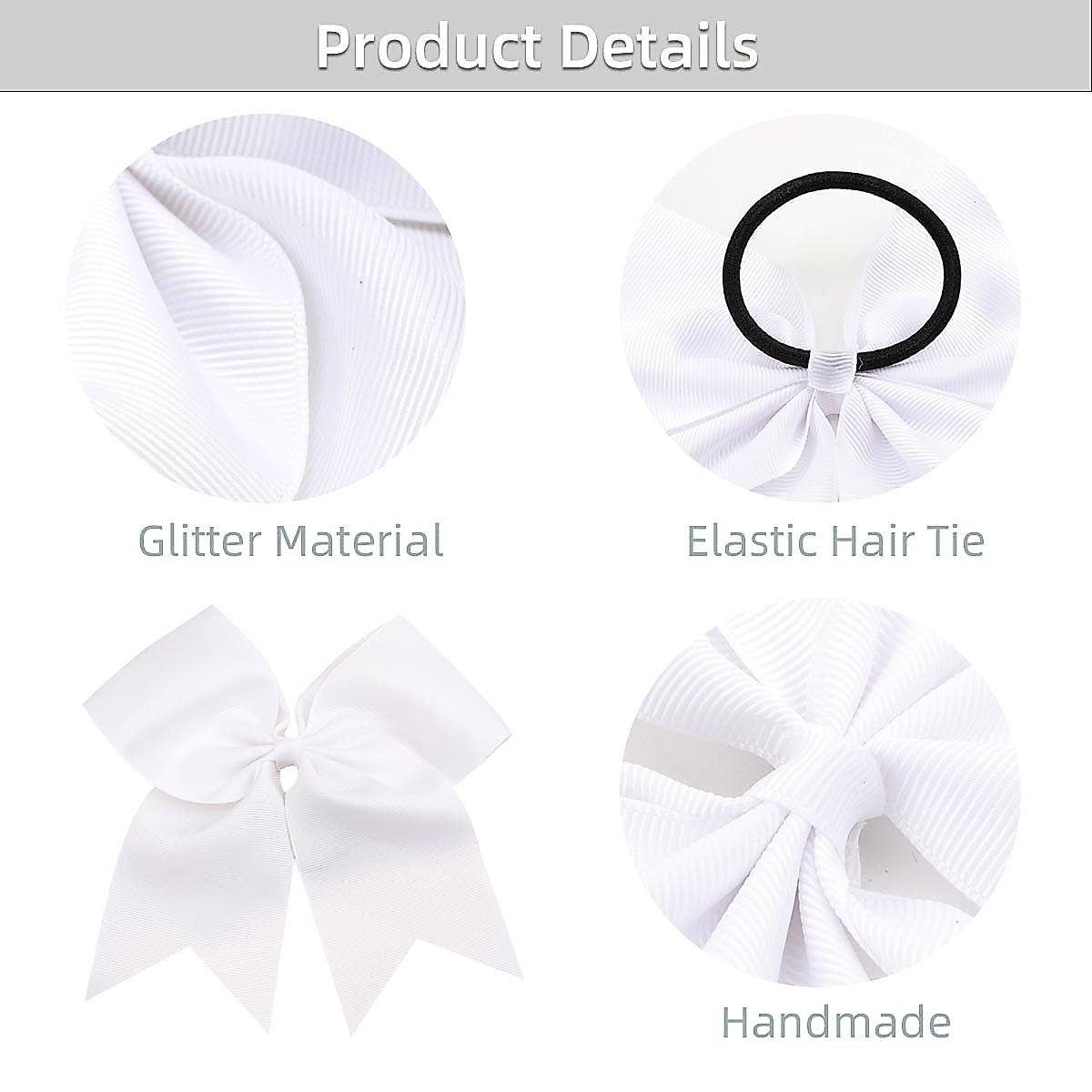 CN Large Cheer bow 8" Girls Ponytail Holders Jumbo Teams Cheerleaders Hair Bows Competition Sports Elastic Hair Ties Accessories (White)