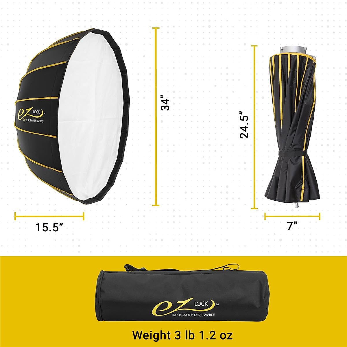 Glow EZ Lock 34" Collapsible White Beauty Dish Softbox w/Bowens Mount Speedring and Deflection Disk, 16 Ribbed Design Soft Box with White Interior for Perfect Lighting and Beauty Dish Photography