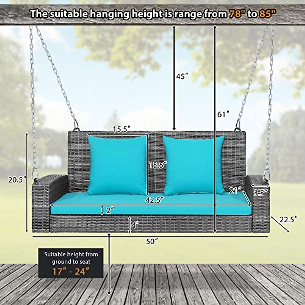 Tangkula 2 Person Wicker Hanging Porch Swing, Patiojoy Outdoor Rattan Swing with Soft Cushions and 2 Rustproof Steel Chains, 800 LBS Patio Swing Bench for Balcony, Garden and Yard (Turquoise)