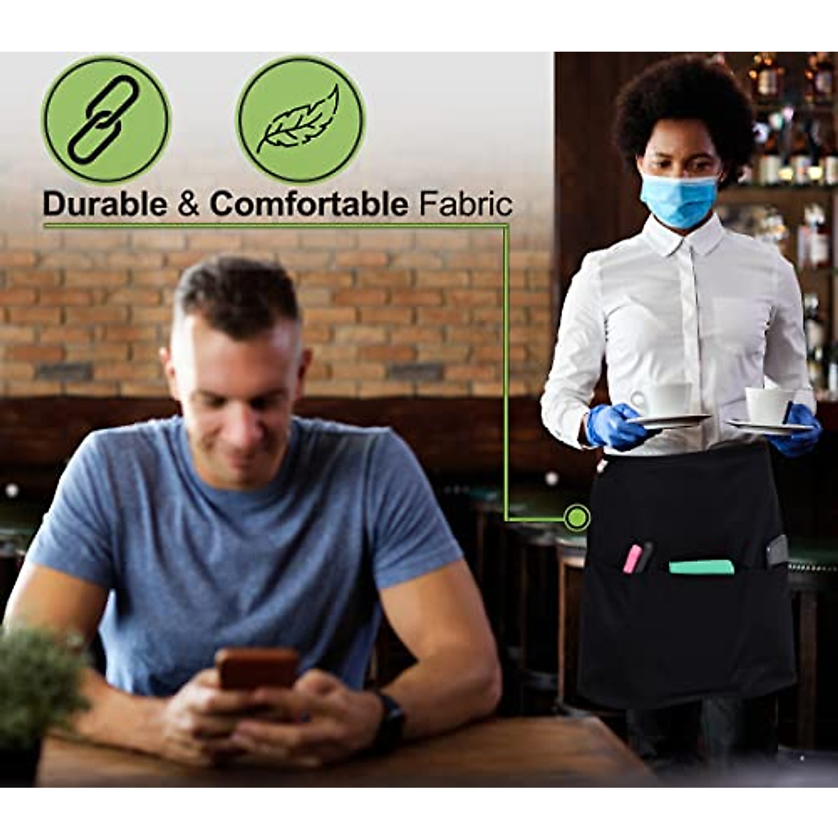 RUVANTI 6 Pack Server Aprons with 3 Pockets - Waitress Waiter Waist Apron, Half Apron with Long Waist Strap, Waitress Apron for Women and Man - Black Short Aprons