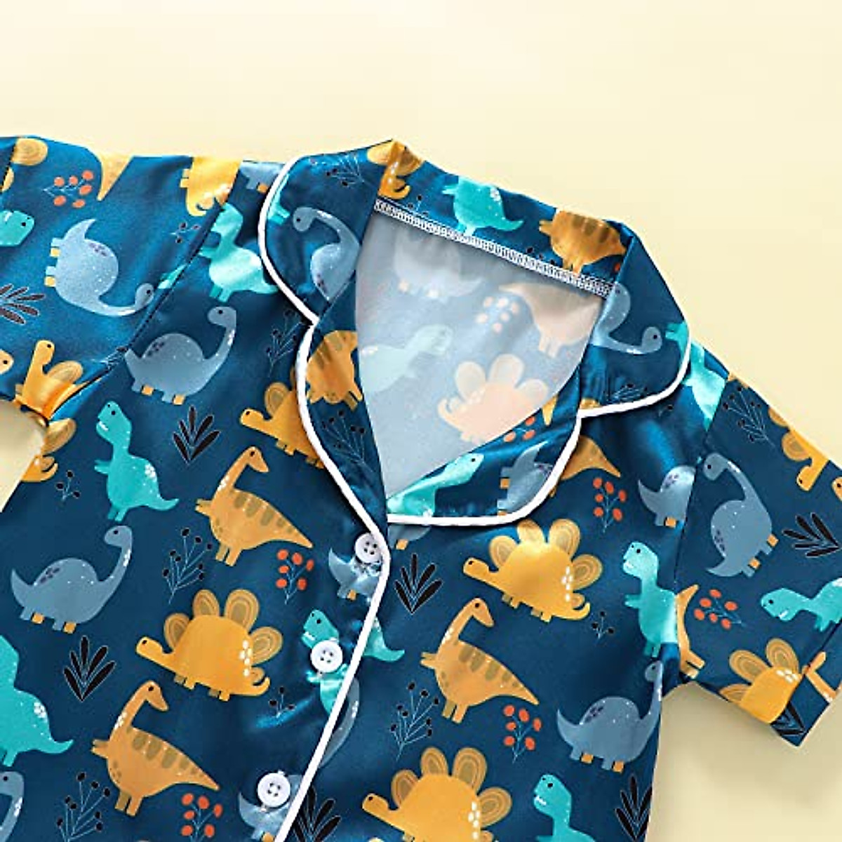 Qiylii Toddler Baby Boy Silk Pajamas Cow/Dinosaur Satin Pajamas Set Short Sleeve Button-Up Top Shorts 2PC PJs Summer (as1, age, 5_years, Blue)