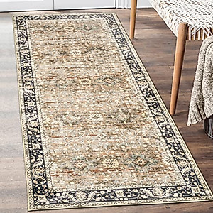 ReaLife Machine Washable Rug - Stain Resistant, Non-Shed - Eco-Friendly, Non-Slip, Family & Pet Friendly - Made from Premium Recycled Fibers - Distressed Boho Border - Beige Tan Brown - 2'6" x 6'