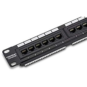 TRENDnet 24-Port Cat5-5e RJ-45 UTP Unshielded Patch Panel, Wallmount or Rackmount, 100Mhz, Color-Coded Labeling, Cat5,Cat5e,Cat4,Cat3 Compatible, 1U Rackmount, Black, TC-P24C5E