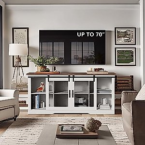 Xilingol Farmhouse TV Stand for TVs 65"+, Modern Entertainment Center 58" W, Television Cabinets with Double Sliding Barn Door & Storage Shelves, Media Console for Living Room, White