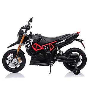 TOBBI 12V Kids Ride-On Motorcycle,Aprilia Licensed Battery Powered Dirt Bikes for Kids w/Training Wheels, Spring Suspension, Lights, Music Story USB MP3(Black)