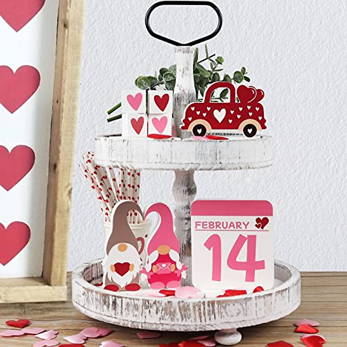 Valentines Day Decor-8PCS Valentines Day Decorations for The Home-Wooden Sign,Cute Gnome,Love Heart Blocks for Farmhouse Tiered Tray Decor and Table Decor