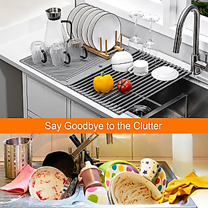 IWORD Roll Up Dish Drying Rack with Mat Combo,Splitted Drying Mat & Dish Drying Rack,Versatile Roll Up Sink Drying Rack with A Drain Hole for Easy Water Drainage, Silicone Mat for Kitchen (29" x 20")