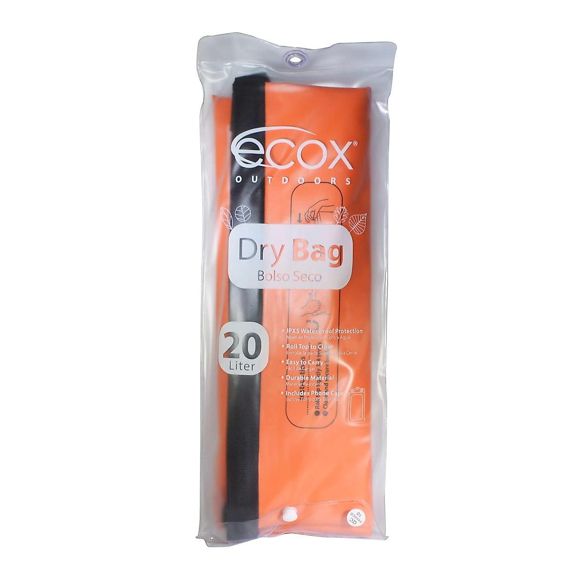 ecox Outdoors Waterproof Dry Bag for Outdoors Activities High Grade 500D PVC Construction Includes Waterproof Phone Case and Side Strap for Easy Carry 20L Orange DB20LOR