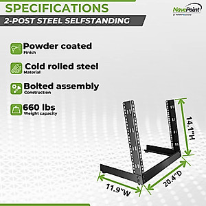 2-Post Open Frame Desk Rack, 6U, 10-32 Threaded, Black, 6.16 lbs, Cold Rolled Steel, Standard