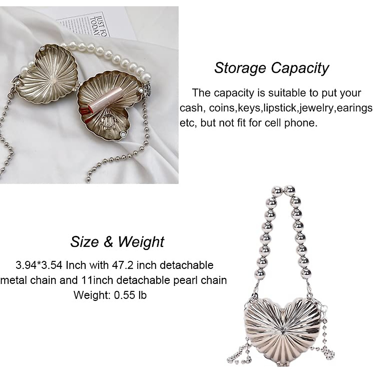 Zenosy Silver Clutch Purses for Women Glitter Evening Bags Ladies Mini Handbags with Detachable Pearl Chain for Wedding Party