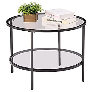 VINGLI Glass Coffee Table, 25.6" Round Coffee Table Black Coffee Tables for Living Room, 2-Tier Glass Top Coffee Table with Storage Clear Coffee Table, Simple & Modern Center Table for Small Space