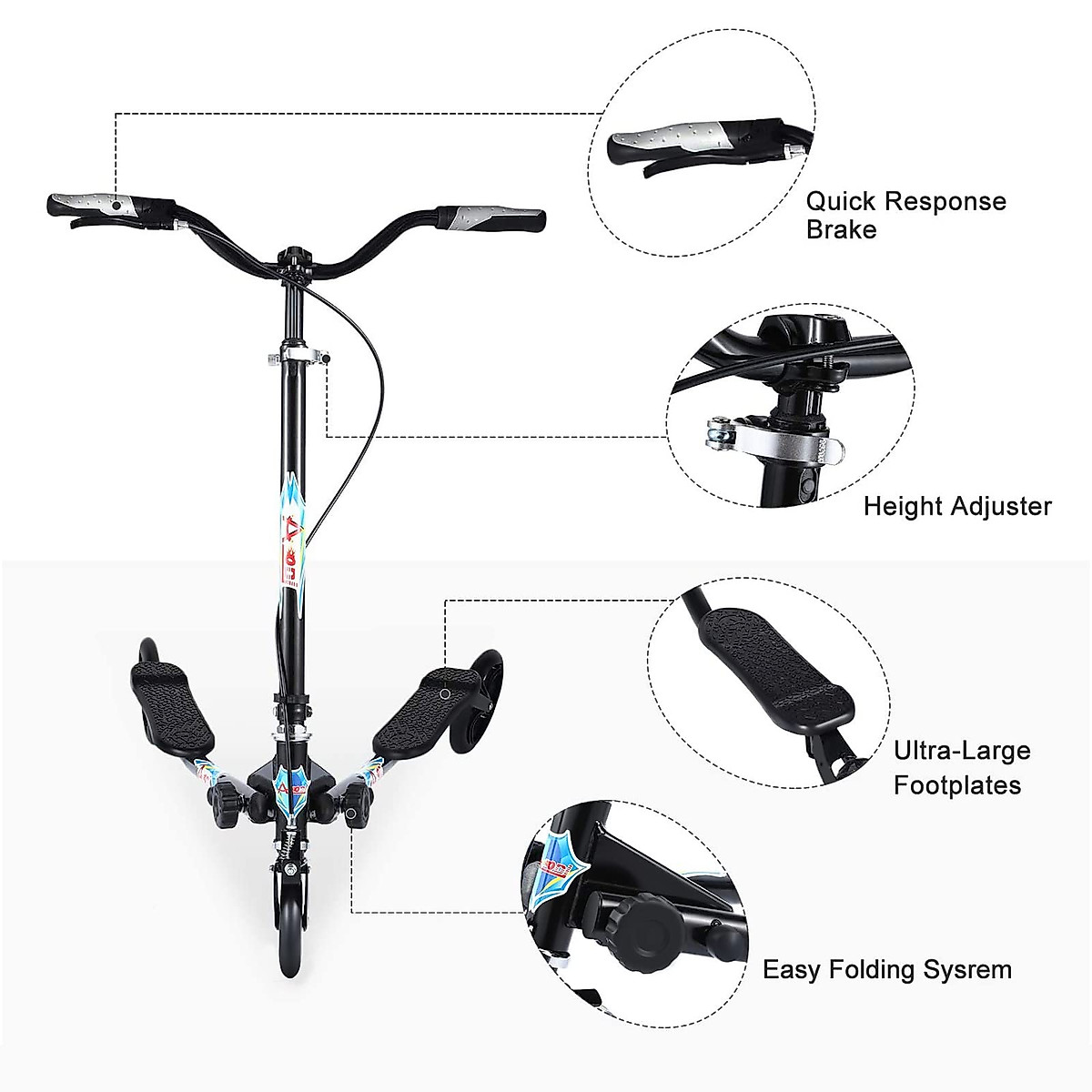 AODI 3 Wheel Foldable Scooter Swing Scooter Tri Slider Kick Wiggle Scooters Push Drifting with Adjustable Handle for Boys/Girl/Adult Age 8 Years Old and Up