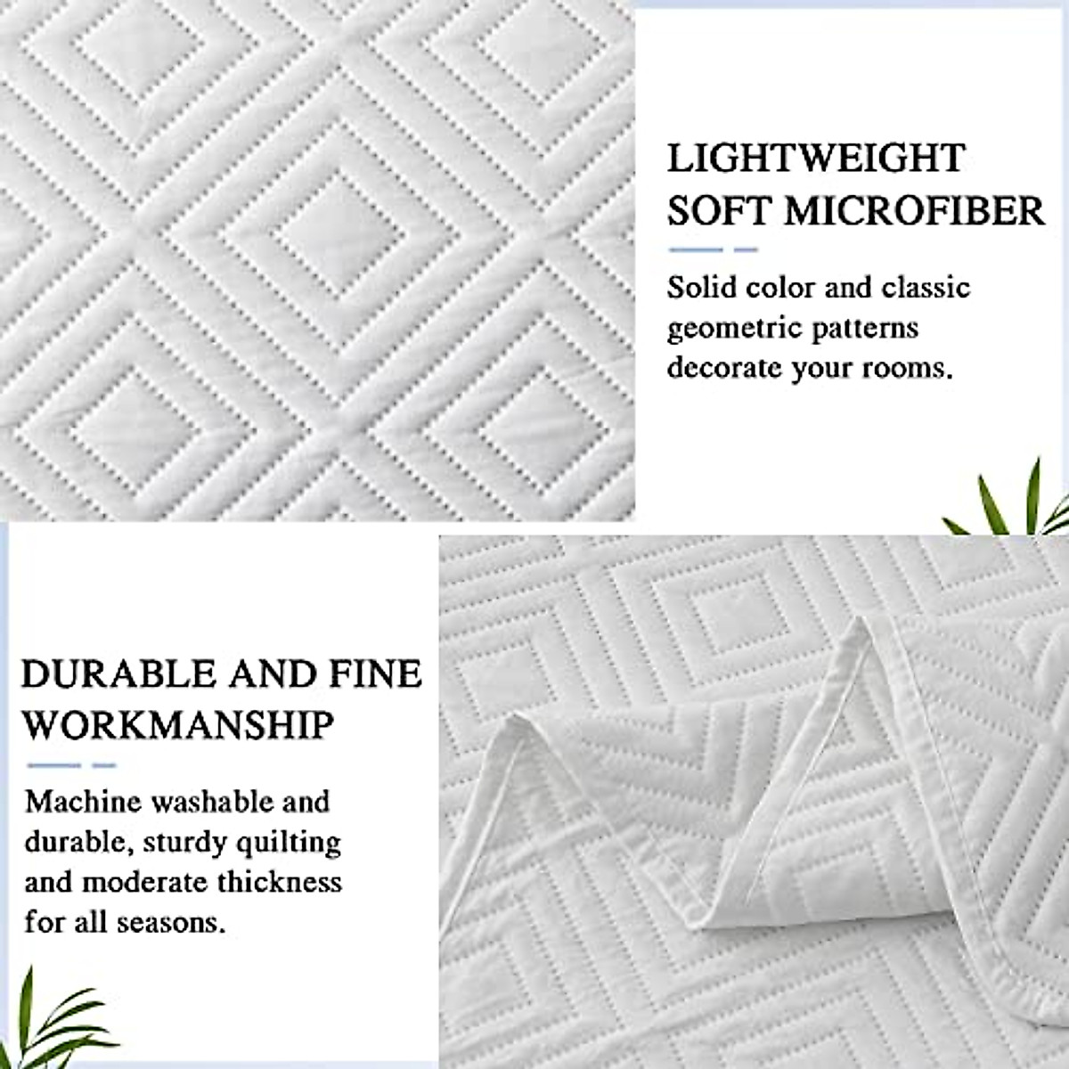 Qucover White Quilt Set California King, Soft Microfiber King Size Quilt Sets Oversized, 3D Ultrasonic Geometric Pattern Lightweight Summer Cal King Quilt 118x106, and 2 Pillow Shams