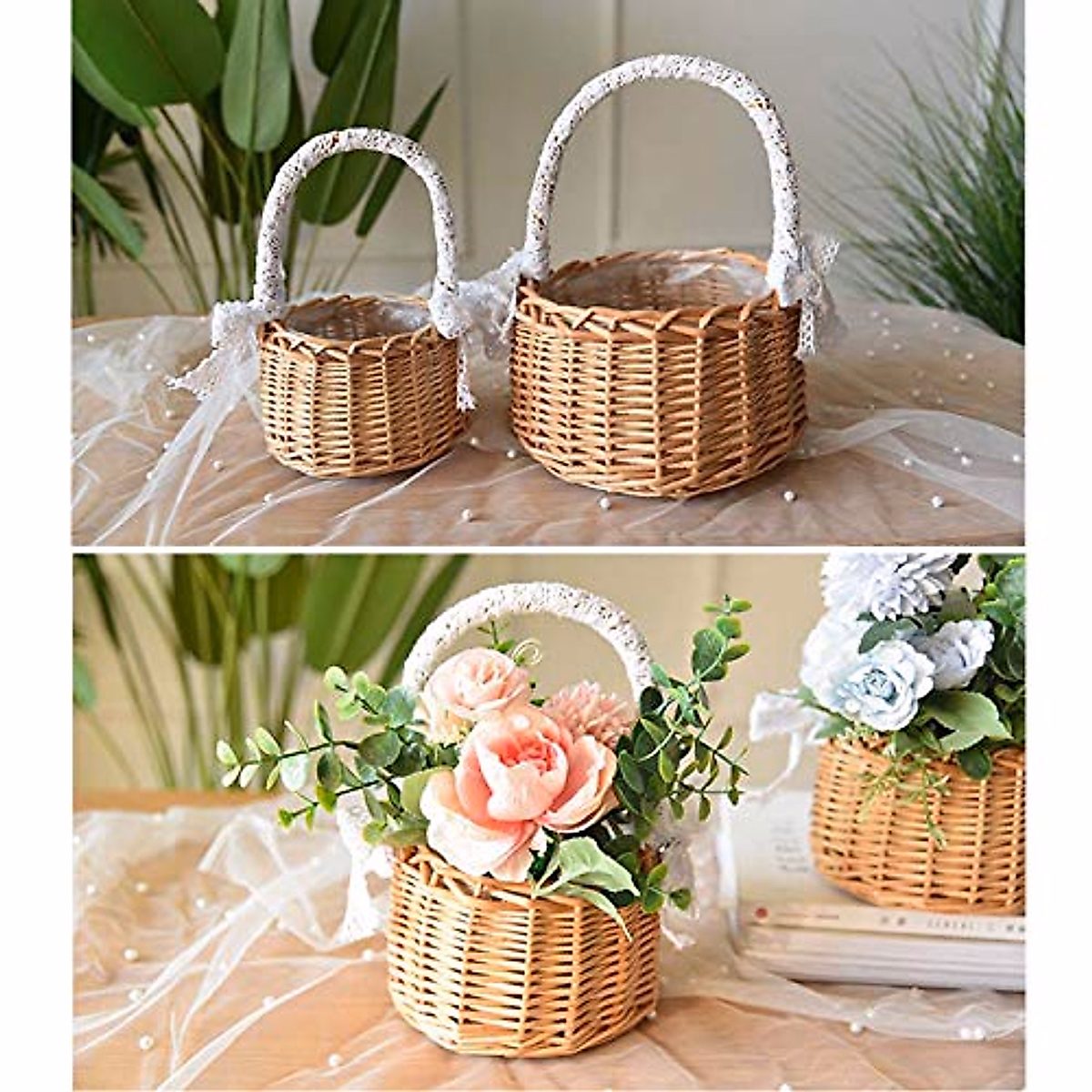 RTWAY Wicker Rattan Flower Basket, Set of 2 Wedding Flower Girl Baskets, Willow Handwoven Basket with Handles and Plastic Insert, Woven Eggs Candy Basket for Home Garden Decor
