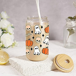Coolife Halloween Pumpkin Ghost Skull Cups - 16 oz Pumpkins Fall Cup Mug, Can Shaped Tumbler Glass Cups w/Bamboo Lids Straws, Halloween Spooky Cups for Iced Coffee Smoothie, Goth Spooky Gifts for Her