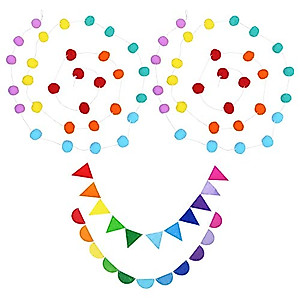 Total 4 Pack Rainbow Felt Fabric Decoration Garland Banners,Decorative Pom Pom Ball Garland Triangle Flags and Semicircle Banners for Baby Shower Christmas Birthday Wedding Party Wall Window Decor