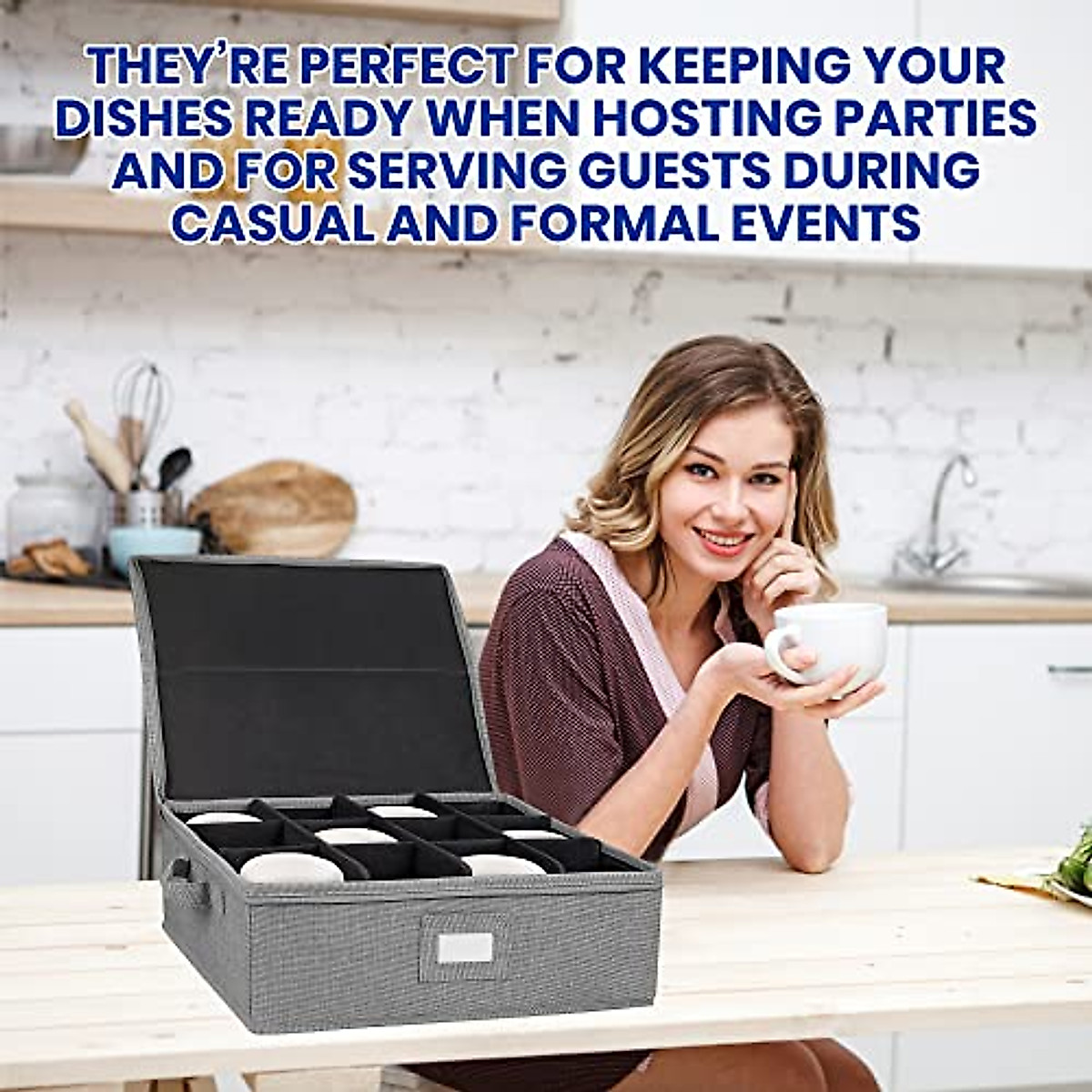 China Storage Containers for Mugs and Cups | 12 Slot Teacup Storage with Lid and Handles | Hard Fabric China Chest and Storage Box for Moving, Coffee