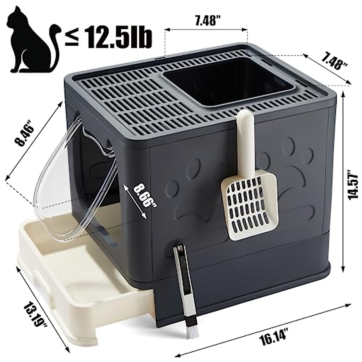 Foldable Cat Litter Box with Lid, Covered Kitten Litter Box with Kitty Litter Scoop and 2 in 1 Brush, Easy to Clean Litter Pan, Enclosed Cats Litter Box