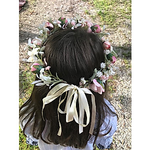 Floral Fall Camellia Flower Crown Rose Headpiece Wedding Bridal Flower Girl Halo Maternity Photo Props FL-03 (Pink Flower with Babysbreath)