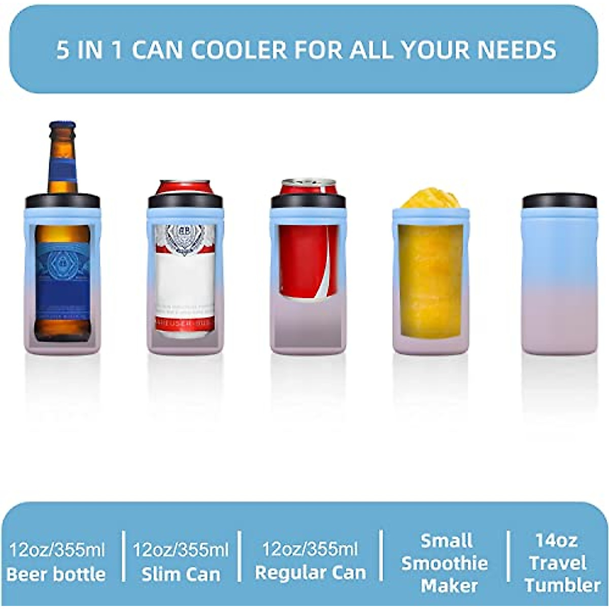 COKTIK 5 in 1 Insulated Can Cooler, Double Wall Slim Can Cooler for 12 oz Regular or Slim Cans & Beer Bottle