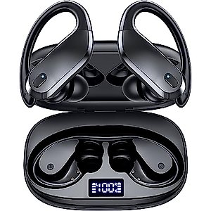 GNMN Bluetooth Headphones Wireless Earbuds V5.3 Over Ear Buds 50Hrs Playback Wireless Charging Case Waterproof Earphones Sports Headset with Earhooks & Dual Power Display for Running Workout