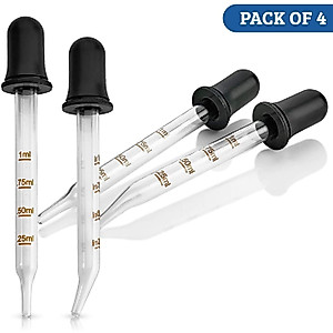Eye Dropper - (Pack of 4) Bent & Straight Tip Calibrated Glass Medicine Droppers for Medications or Essential Oils Pipette Dropper for Accurate Easy Dose & Measurement (1 mL Capacity)