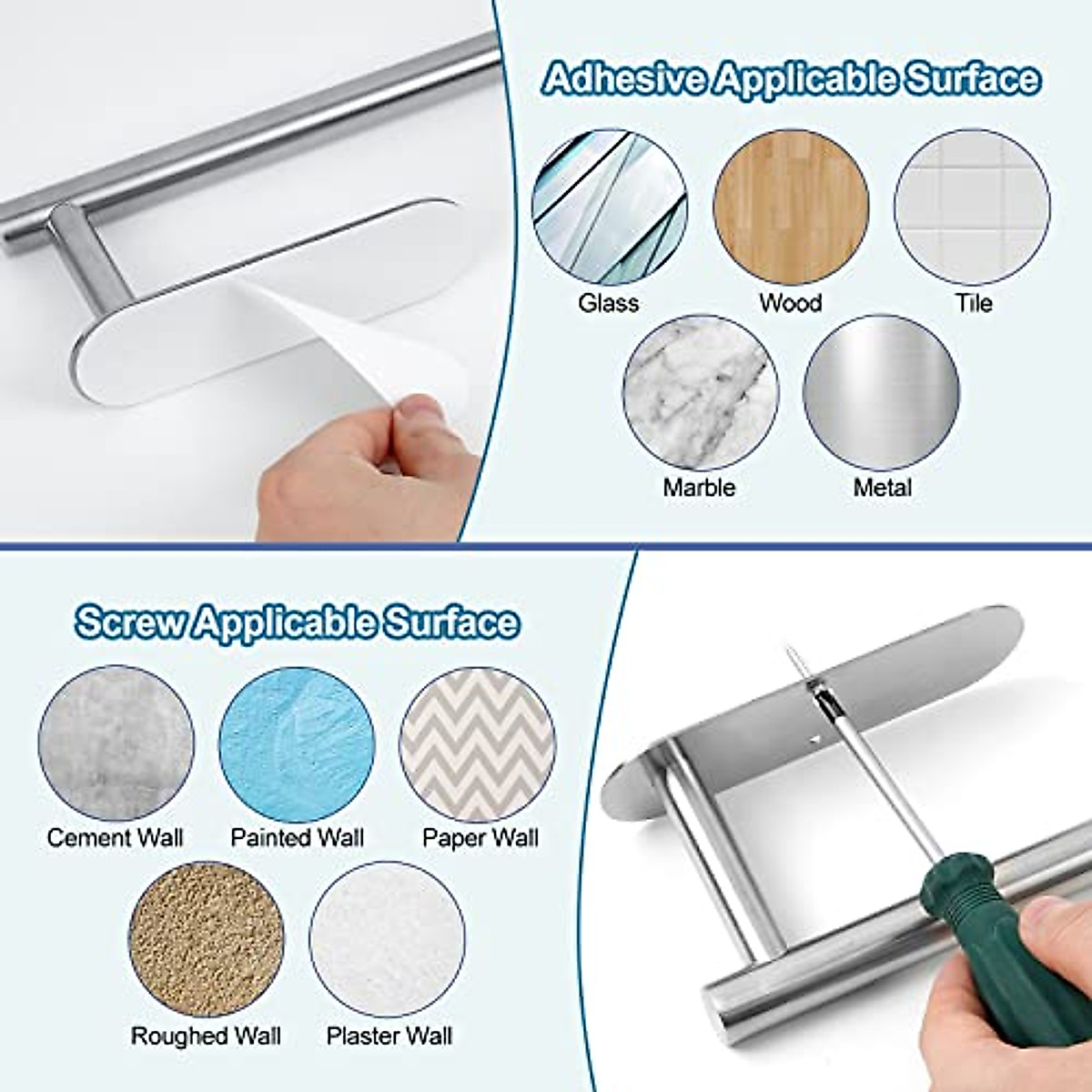 Elyum Paper Towel Holder Under Kitchen Cabinet Self Adhesive or Drilling, Spliceable Paper Towel Holder Wall Mount Sturdy and Durable Stainless Steel Towel Roll Rack for Bathroom(13 Inch, Silver)