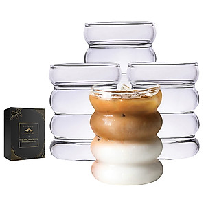 Ribbed Glassware Set of 4, Creative Ripple Glass Cups Vintage Drinking Glasses Entertainment Dinnerware Beverage Cups for Iced Coffee, Cocktail, Whiskey, Juice, Smoothie, Wine Beer Home Bar Decor