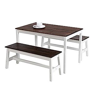 Alohappy Dining Table Set with 2 Benches, Rectangular Kitchen Table Set for 4-6 Person, Small Room Pine Wood Table for Kitchen, Dining Room, Easy Assembly (Dark Brown)