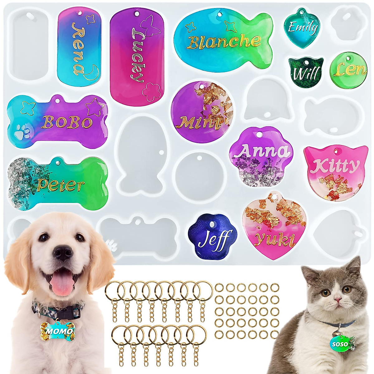 Pet Tag Resin Mold Silicone, Dog Tag Molds for Resin, Dog Bone Cat Shaped Keychain Silicone Resin Molds with 15Pcs Keychains DIY Crafts Making Tag Charm Pendant
