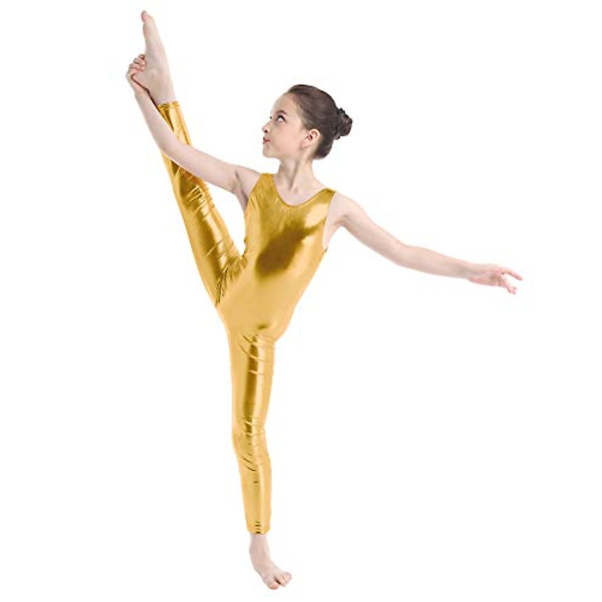 YiZYiF Kids Girls Full Length Gymnastic Unitard Long Sleeve Ballet Dance Leotard Child Shiny Tight Dance Gym Jumpsuit Gold 3-4