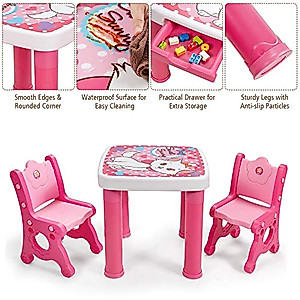 Costzon Kids Table and Chair Set, 3-Piece Toddler Activity Table and Chairs with Storage Drawer, Height Adjustable Chair, Children Desk Furniture Set for Drawing Reading Snack Time Art Craft (Pink)