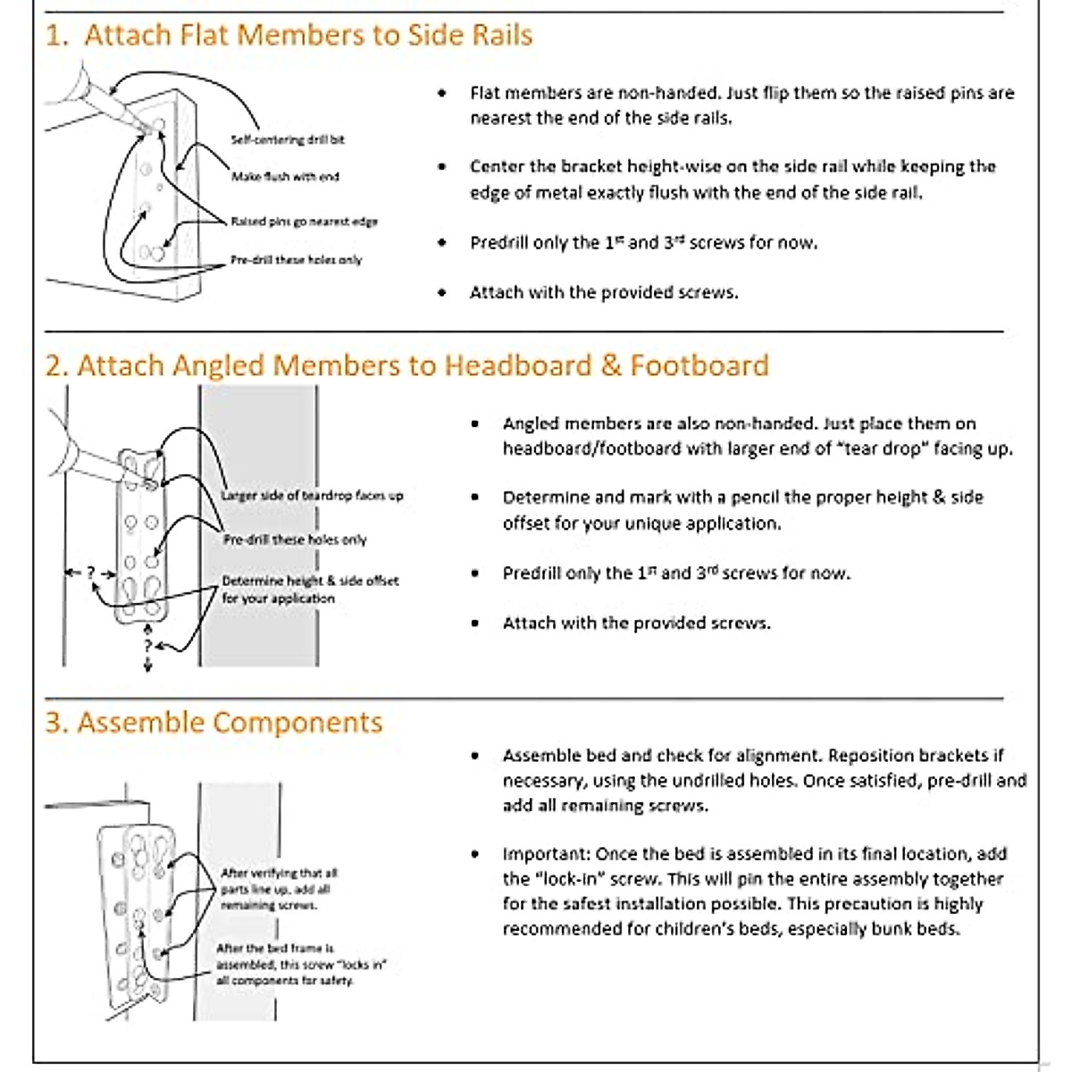 Set of 4 - No Mortise Bed Frame Brackets - Connects Headboard & Footboard to Side Rails - Screws & Instructions Included