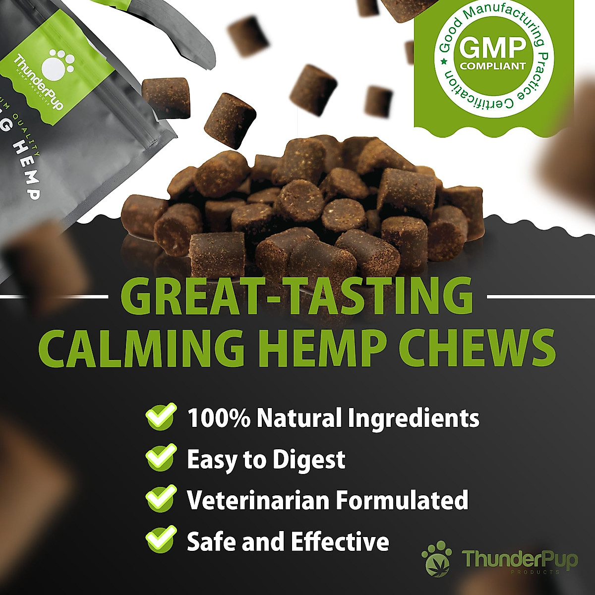 ThunderPup Premium Hemp Chews | Natural Calming Hemp Treats for Thunderstorms, Fireworks, Separation, & Traveling | Hip and Joint, Immune, & Overall Health Support, Chamomile & Valerian Root.