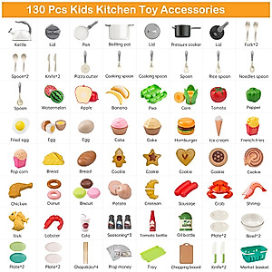 Funpynani 130Pcs Kitchen Playset, Toddler Pretend Cooking Play Pots, Pans, Utensils Cookware, Daily Food Fruit Veges, Shopping Storage Basket, Dessert, Prop Money, Learning Gift for Child （White）