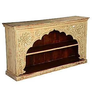 Hand Carved Solid Wood 2 Open Shelf Wood Wide Arched Bookshelf,Natural Finish Book Shelf, Distressed Finished Boho Indian Cabinet for Living Room Storage Bookshelf