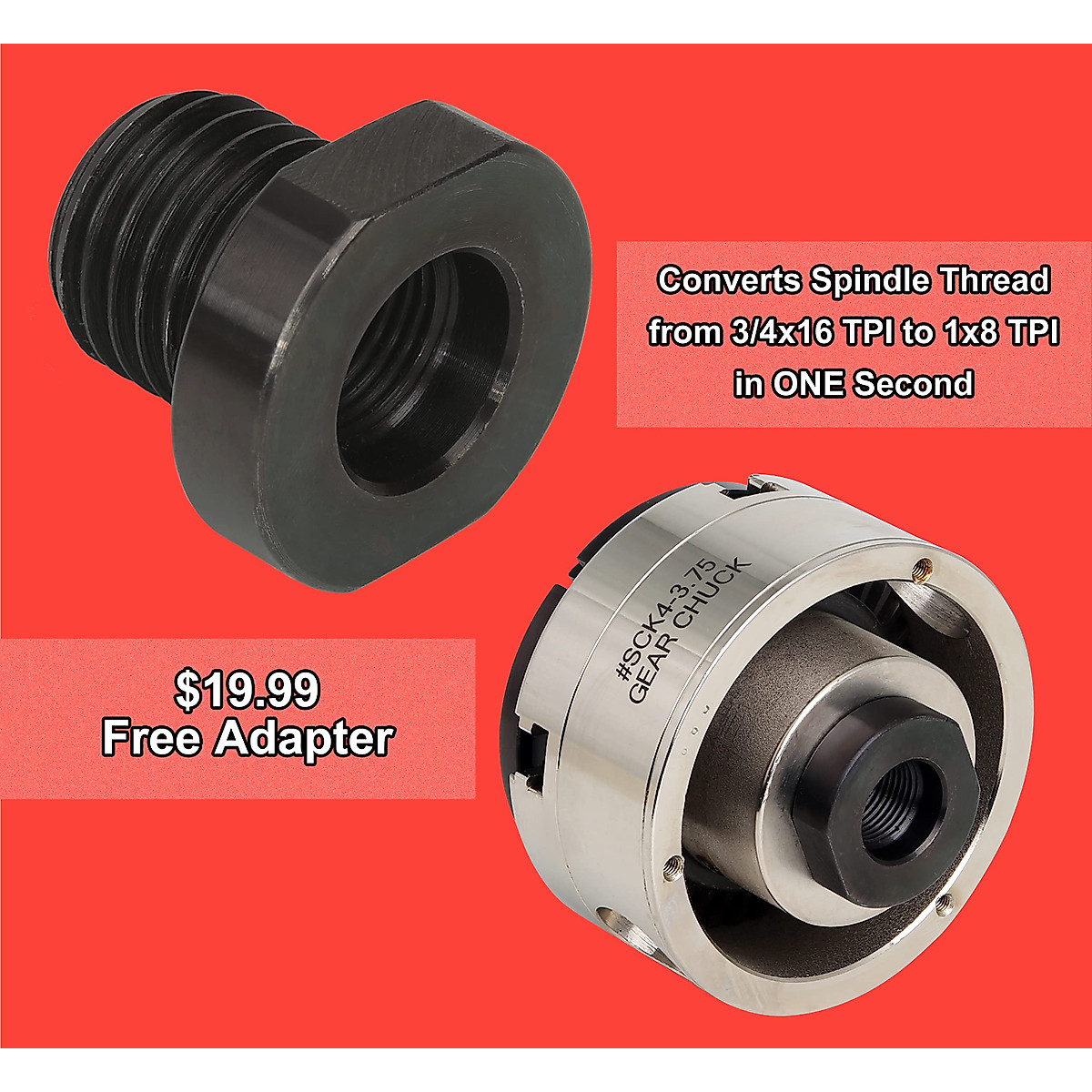 VINWOX SCR4-4NV-SET 4” Wood Lathe Scroll Chuck Set, 4-Jaw Self-Centering Chuck Set, with Nickle electric Coating Chuck Body & 1"x8TPI thread & 3/4"x16TPI Adapter