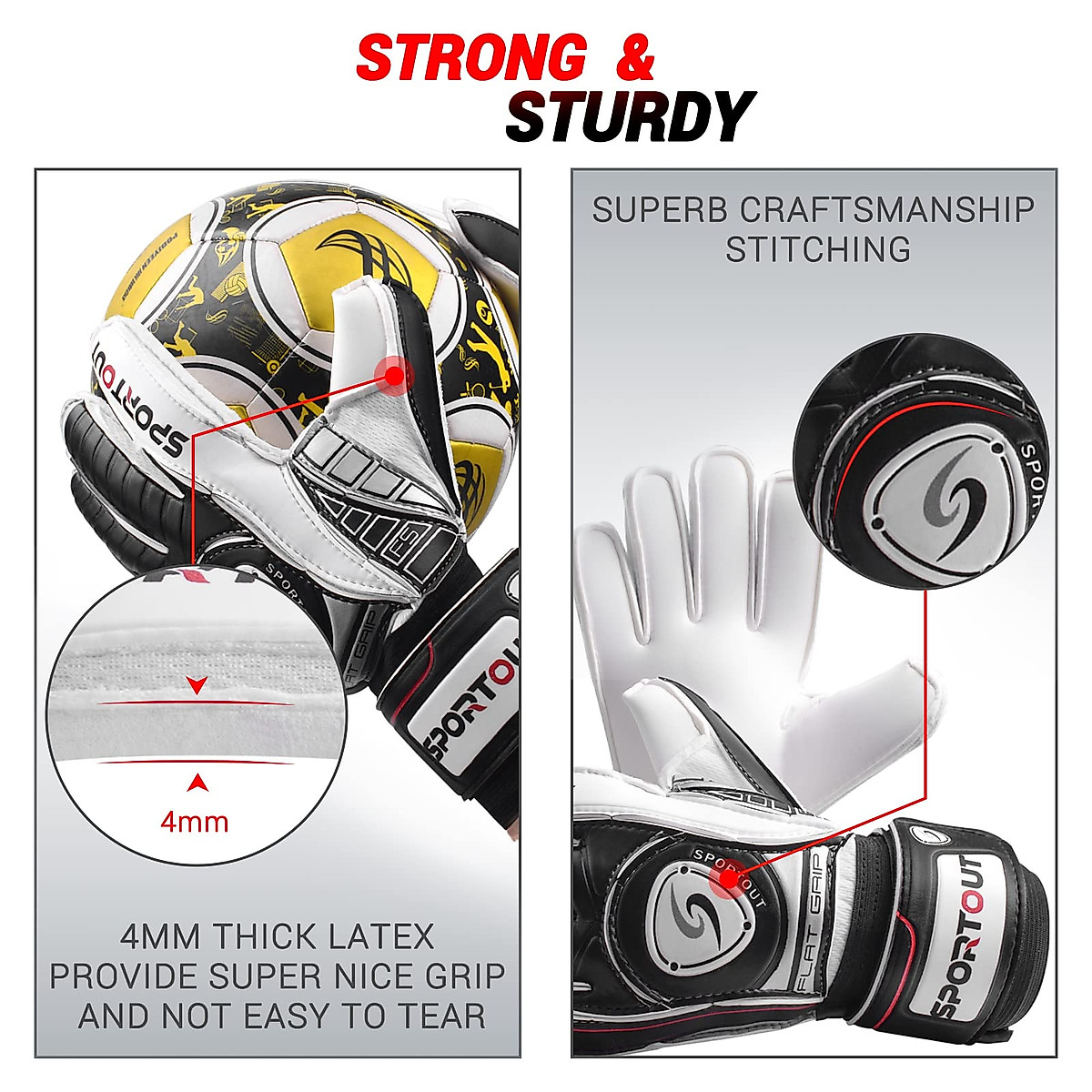 Sportout Goalie Gloves, Goalkeeper Gloves with Fingersave, Soccer Gloves, Breathable Soccer Goalie Gloves, 4mm Latex, for Kids Youth and Adult (9, Black)