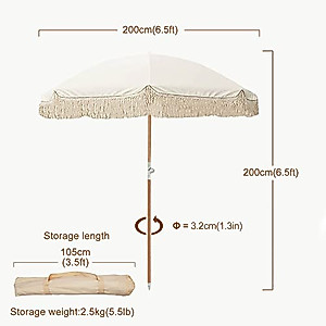 LefeDa 6.5FT Boho Umbrella With Fringe Beige Beach Umbrellas For Sand UV Protection Large Outdoor Umbrella Wooden Stanchions Patio Table Umbrella Waterproof Foldable 8 Ribs With Carry Bag