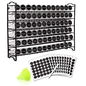 SWOMMOLY Spice Rack Organizer with 72 Empty Square Spice Jars, 340 Spice Labels with Chalk Marker and Funnel Complete Set,for Countertop,Cabinet or Wall Mount, Black