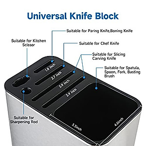 BIARTS 2 in 1 Universal Knife Block without Knives Stainless Steel Knife Holder for Kitchen Counter with Drainage Hole Knife Storage with Utensil Holder Modern Design, Rectangle, 7.7"L x 4.6"W x 7.9"H