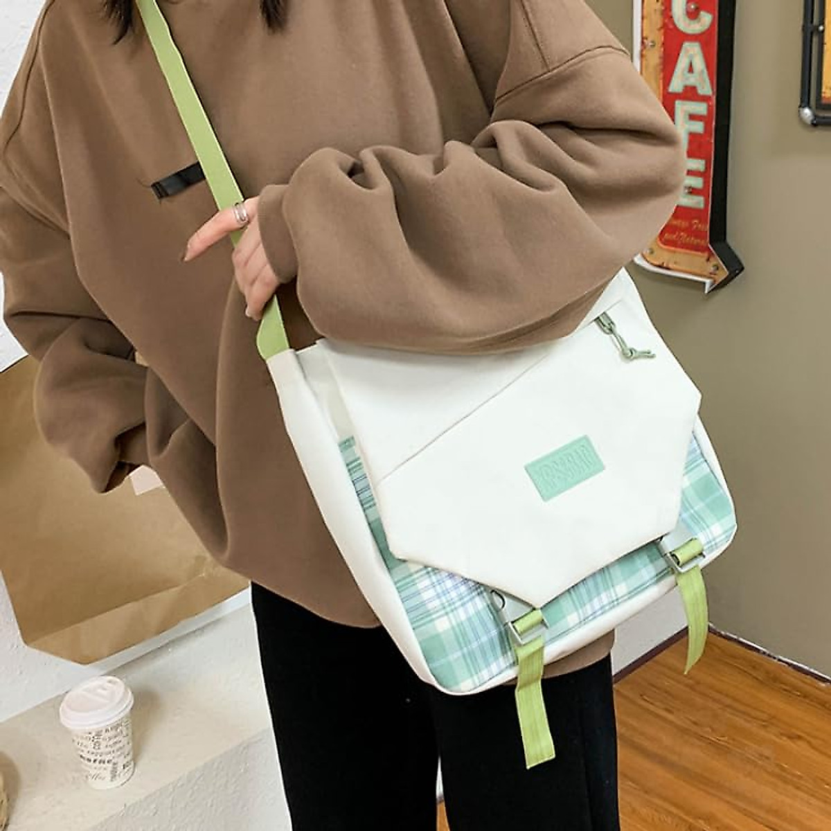 MININAI 4PCS Aesthetic College Backpack Set with Plushies Kawaii Large Backpack 15.6" Laptop Preppy Daypack Cute Backpack (Green,One Size)