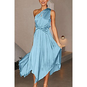 PRETTYGARDEN Women's Summer Long Satin Dress One Shoulder Sleeveless Ruched Twist Flowy Maxi Dresses (Light Blue,Small)