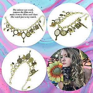 Vintage Gold Fairytale Lucky Charms Link Chain Cuff Bangle Bracelet Wonderland Style Frog Mirror Clock Heart Teapot Pendants Party Friendship Gift For Women and Girls
